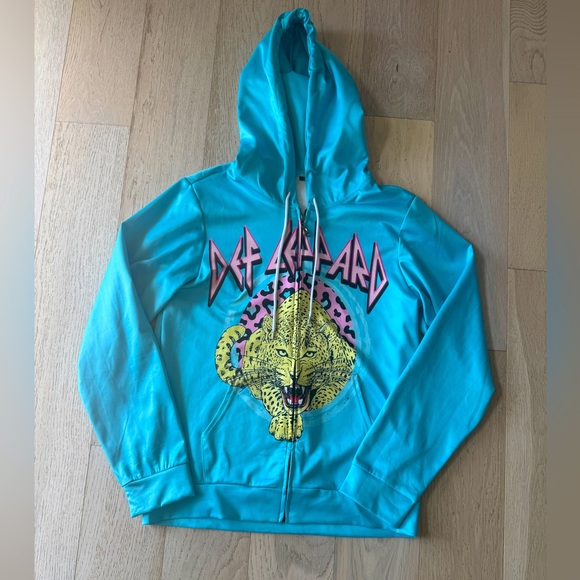 Tops | Def Leppard Aqua Blue Oversizred Hoodie | Poshmark
